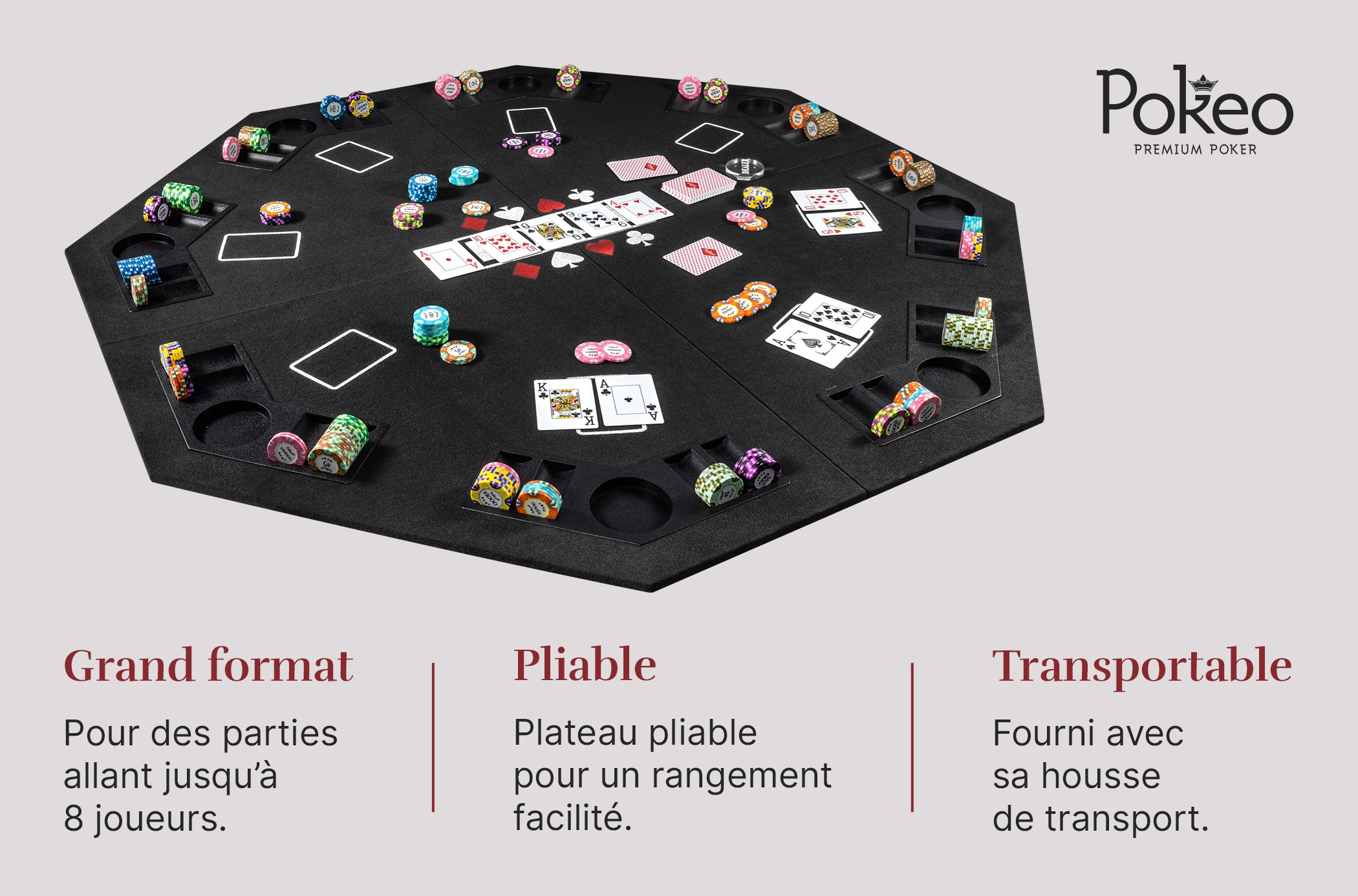 Plateau de poker octogonal 8 joueurs noir